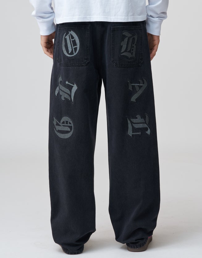 Global Embroidered Baggy Fit Jeans in Washed Black | Hallensteins NZ