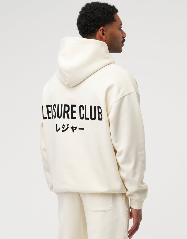 Leisure Club Print Organic Oversized Hoodie in White | Hallensteins US