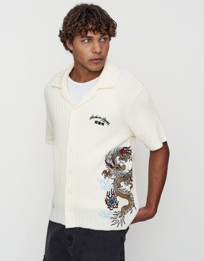 Sakura Knit Embroidered Short Sleeve Polo Shirt in Snow | Hallensteins NZ