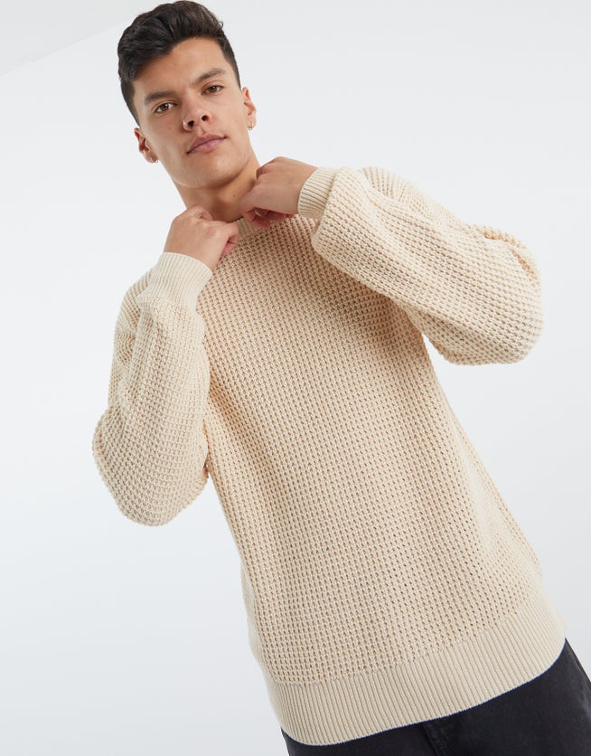 Waffle Crew Knit Jumper in White | Hallensteins US