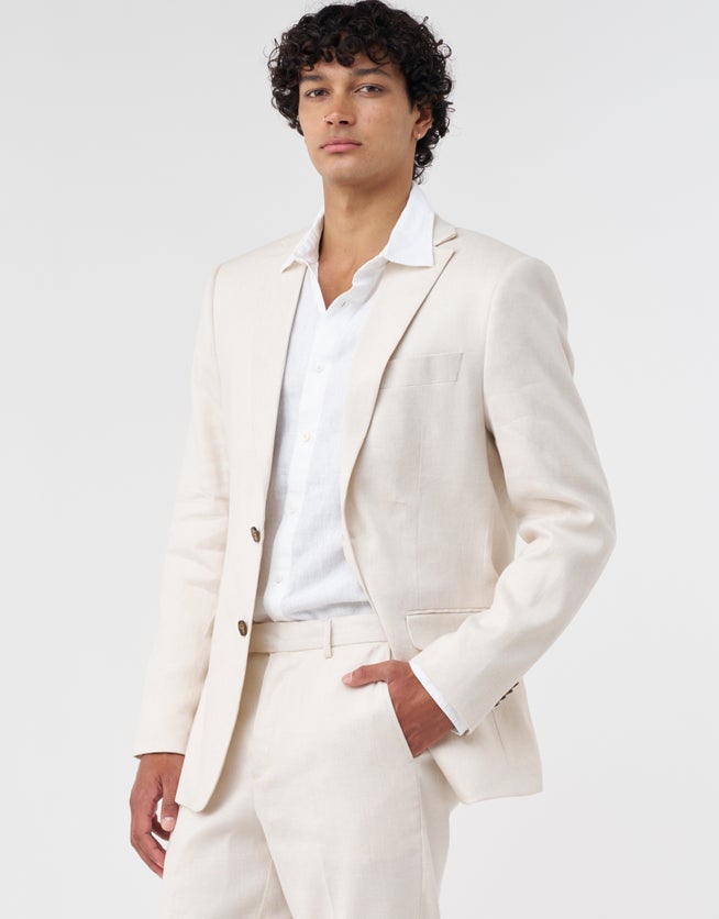 Linen Blend Slim Fit Suit Jacket in Oat | Hallensteins NZ