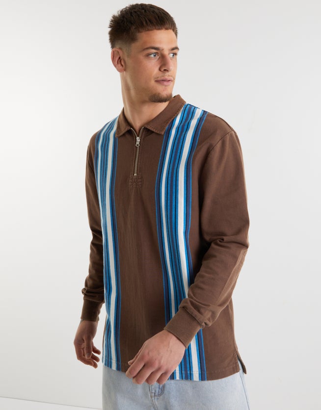 Tape Stripe Zip Rugby Polo in Brown | Hallensteins US